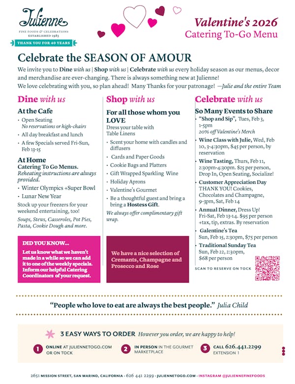 Julienne Fine Foods and Celebrations - 2026 Valentine's To-Go Menu ...