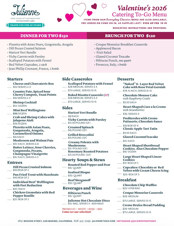 Julienne Fine Foods and Celebrations - 2026 Valentine's To-Go Menu ...