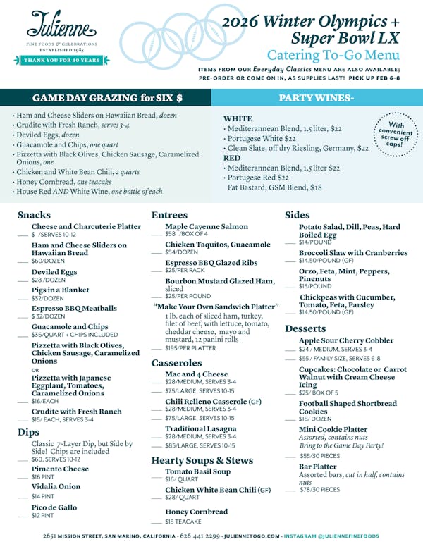 Julienne Fine Foods and Celebrations - 2026 Winter Olympics + Super ...